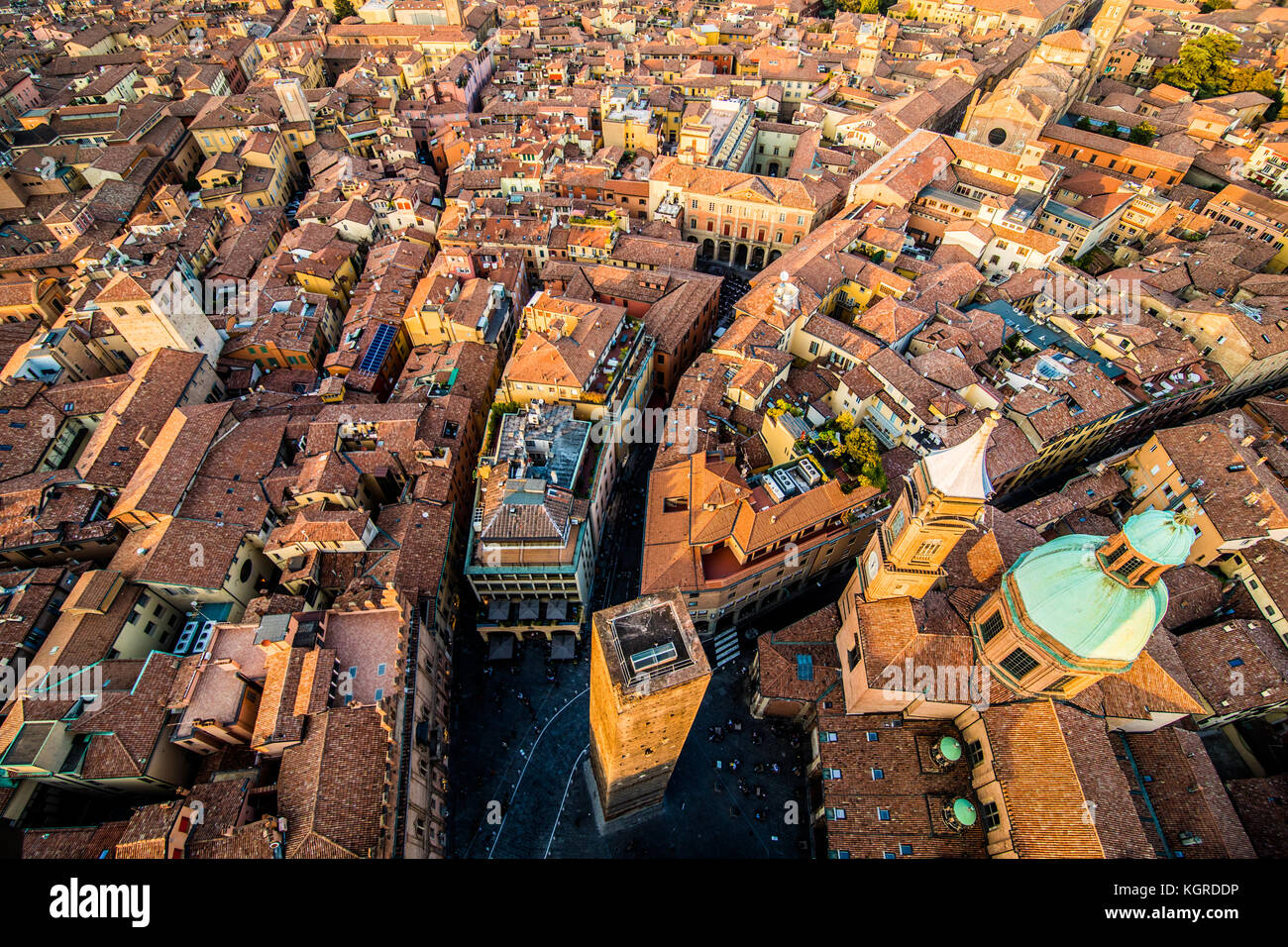 Aerial view of Bologna, Italy at sunset. Colorful sky over the ...