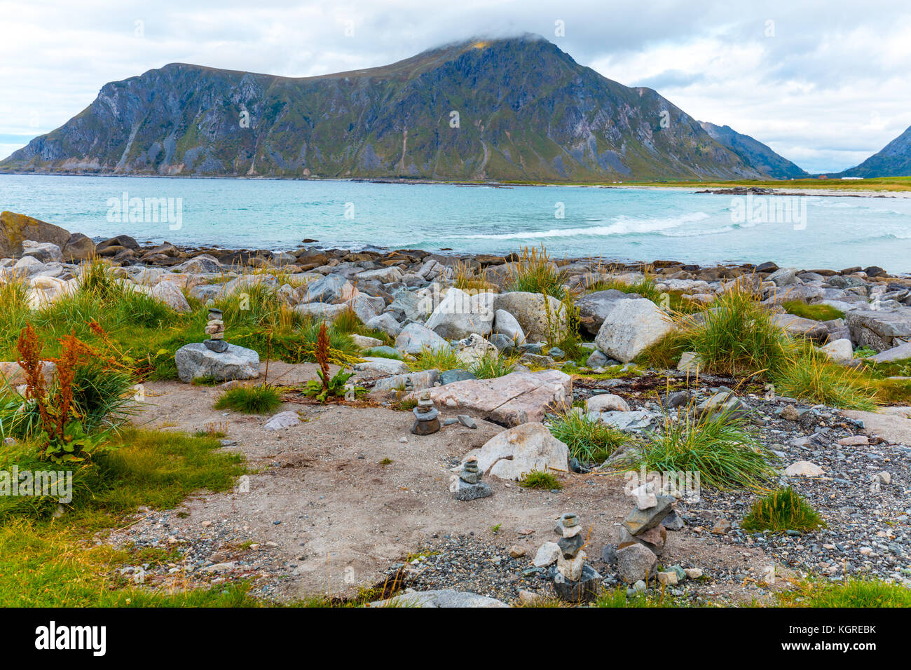 Beautiful wilderness, rocky beach, view of the fjord. Lofoten islands ...