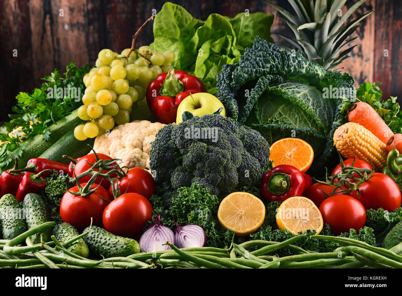 Composition with variety of raw organic vegetables and fruits. Balanced ...
