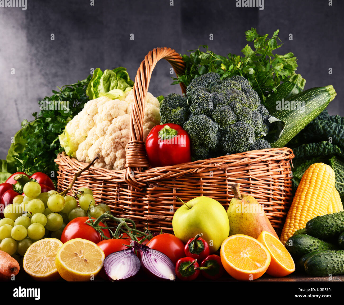 Composition with variety of raw organic vegetables and fruits. Balanced ...