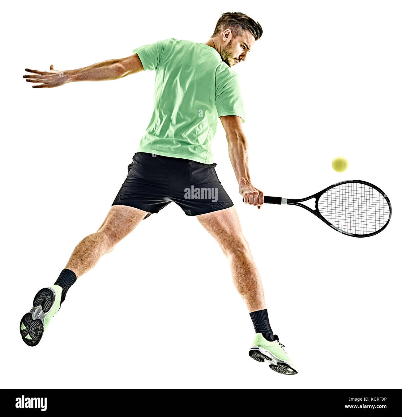 one caucasian man playing tennis player isolated on white background ...