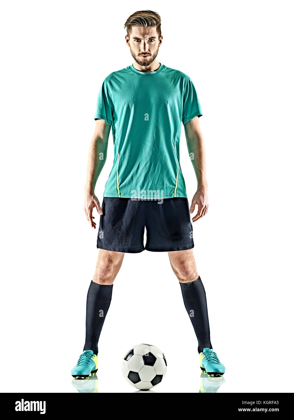 one caucasian soccer player man standing with football isolated on ...