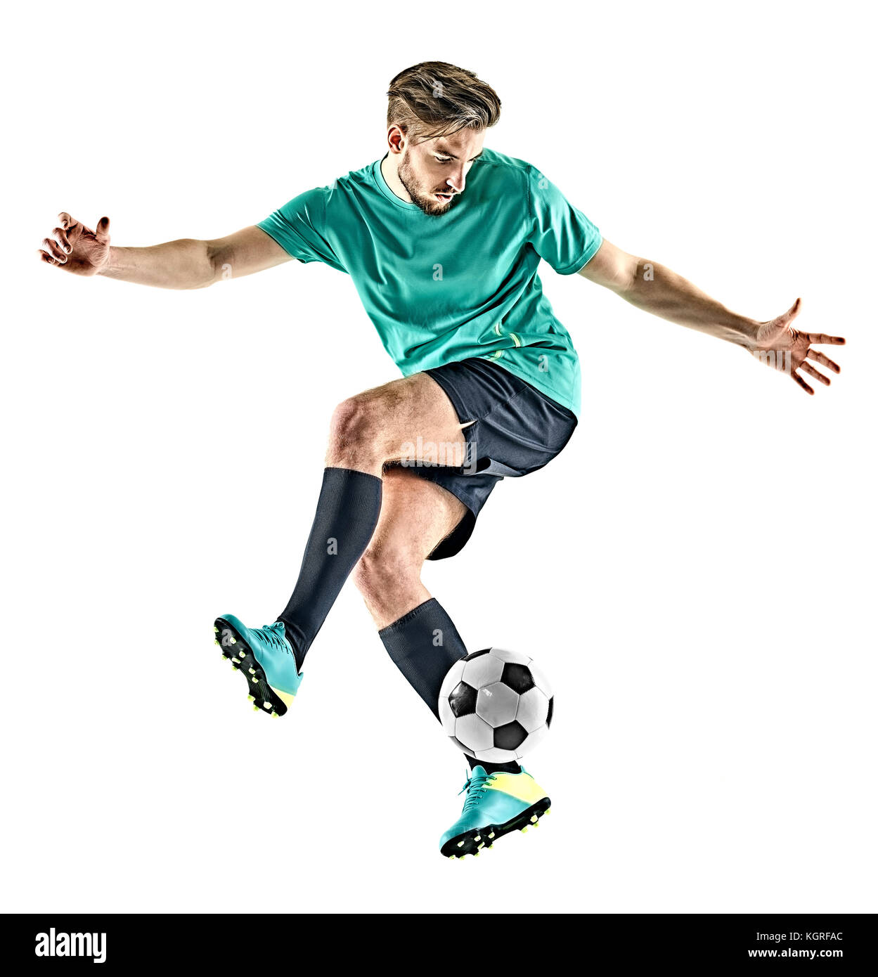 one caucasian soccer player man jungling isolated on white background ...