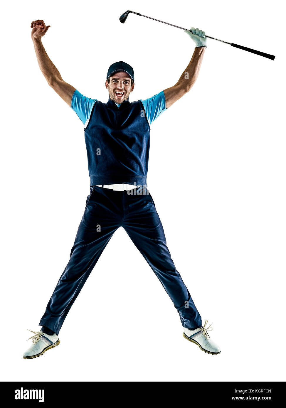 one caucasian man golfer golfing in studio isolated on white background ...