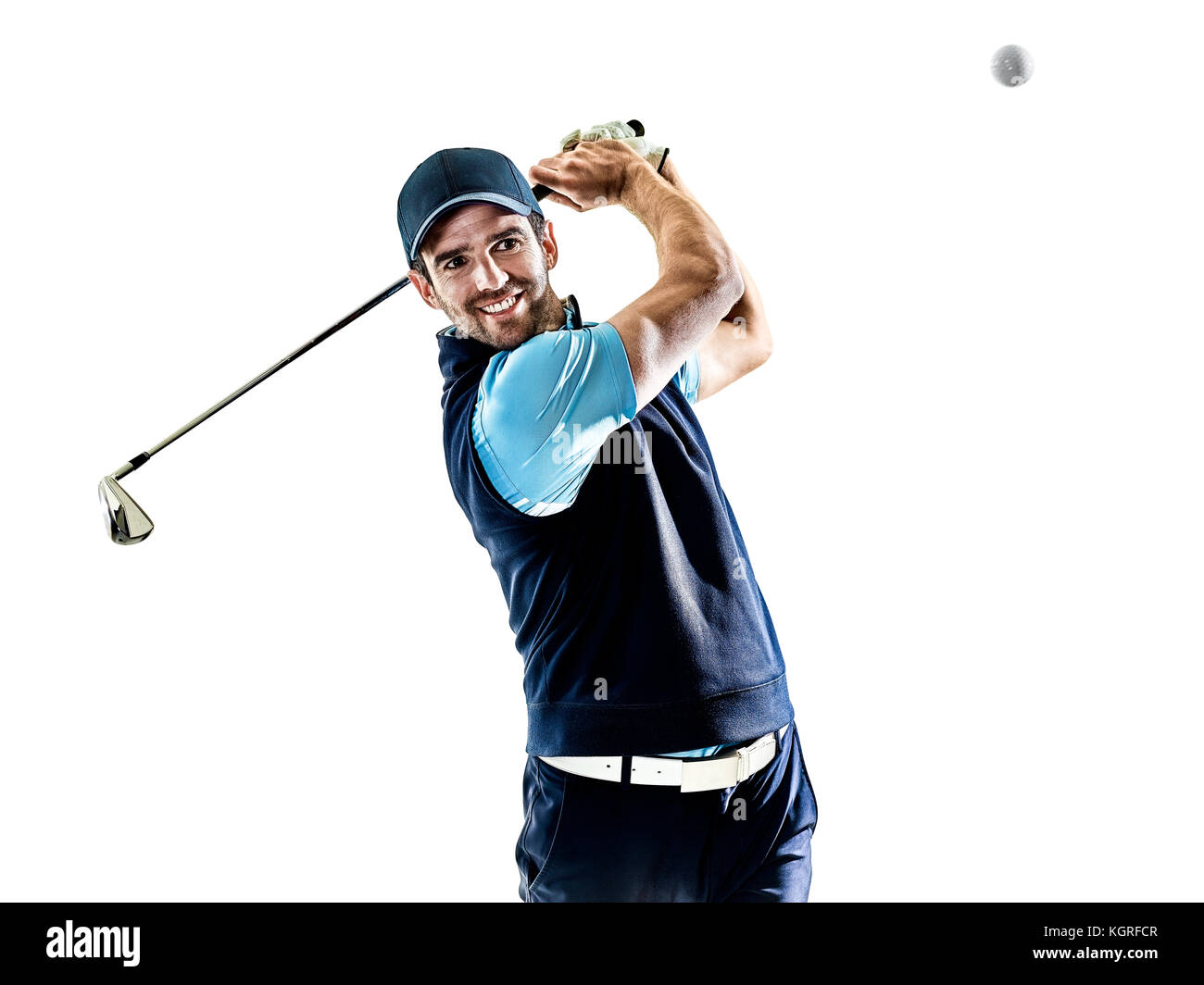 one caucasian man golfer golfing in studio isolated on white background ...