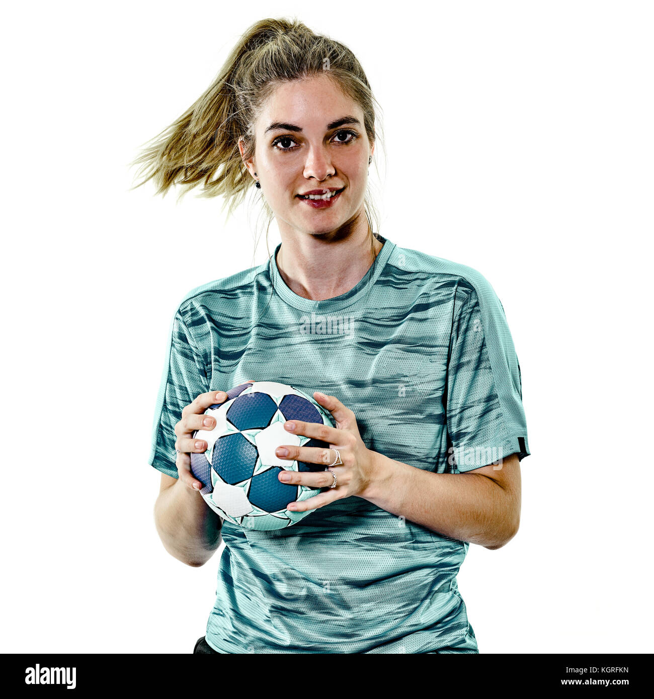 one caucasian young teenager girl woman playing Handball player ...