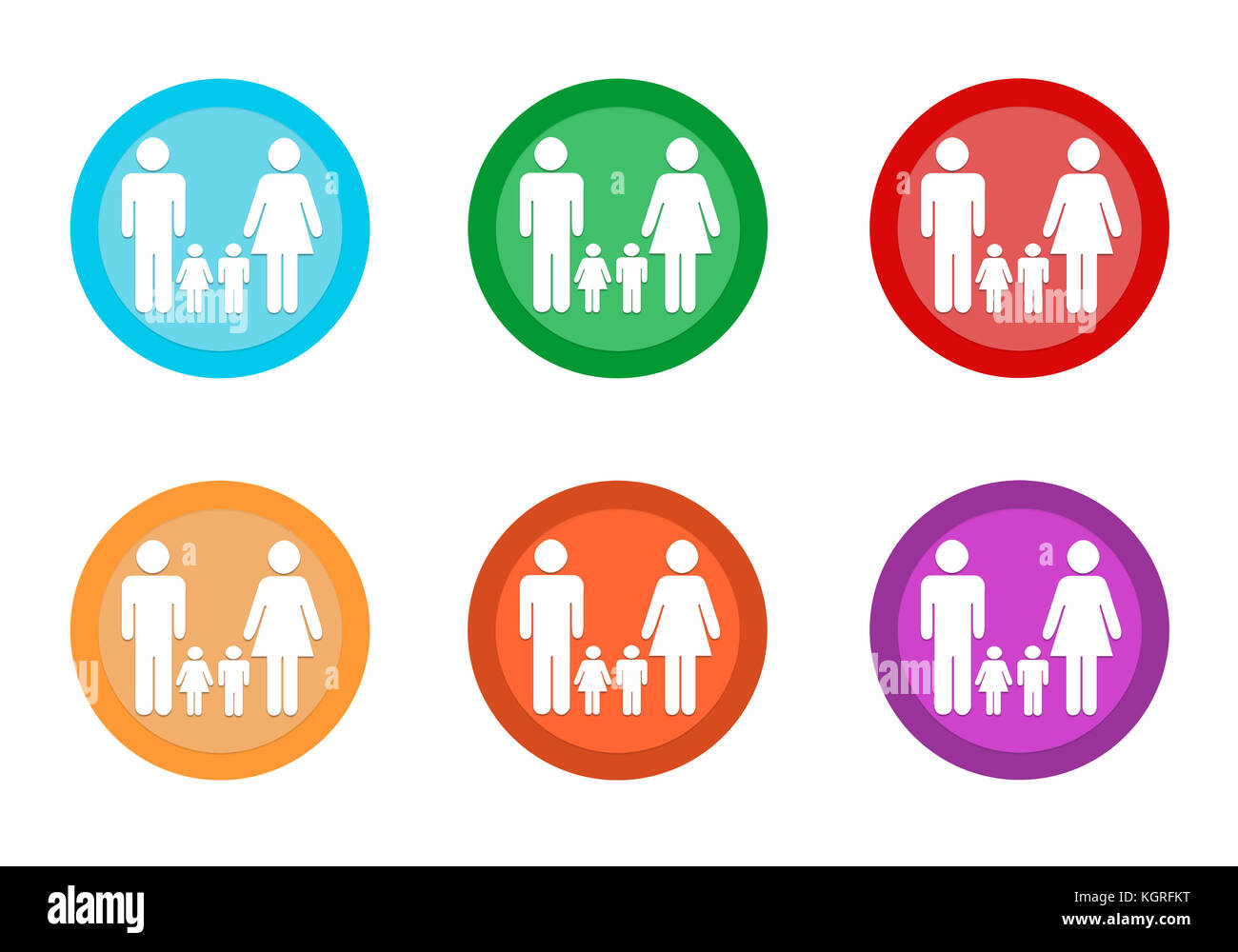 Set of rounded colorful buttons with family symbol in blue, green ...