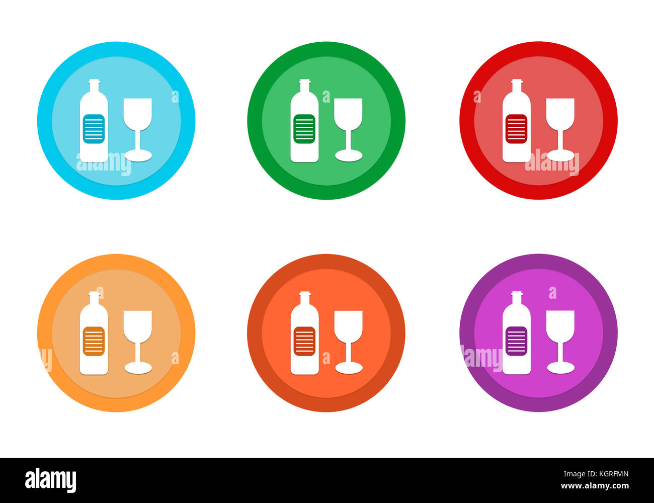 Set of rounded colorful buttons with bottle of wine and cup to ...