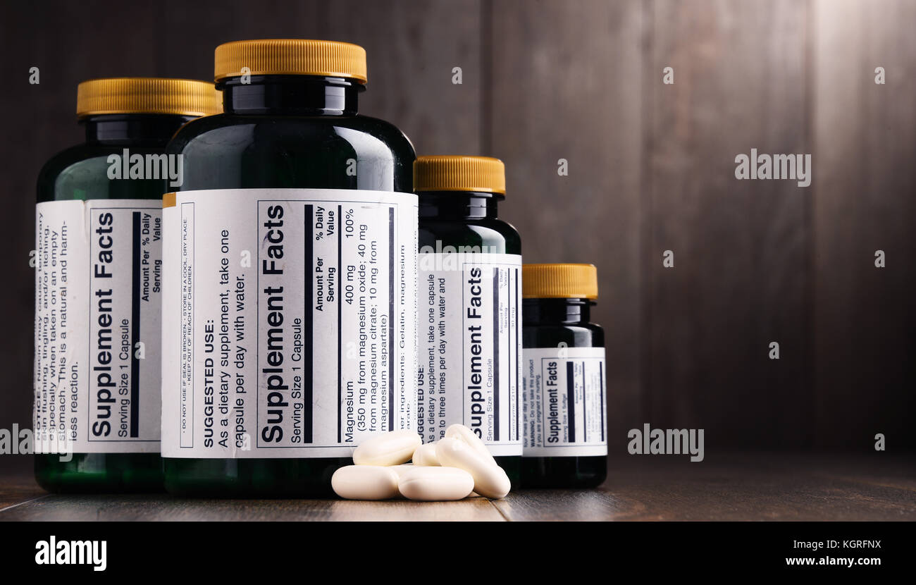 Composition with dietary supplement containers. Drug pills Stock Photo ...