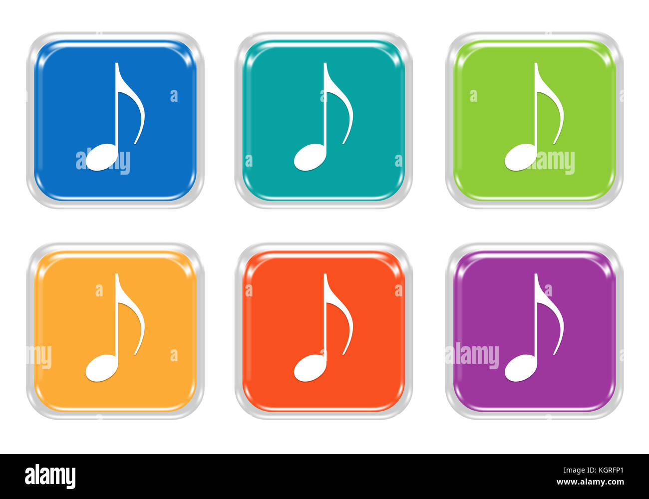 Set of rounded square colorful buttons with music symbol in blue, green ...