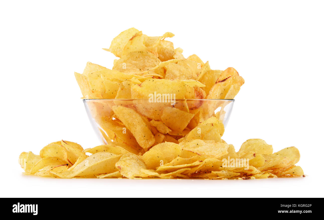 Composition with bowl of potato chips isolated on white Stock Photo - Alamy