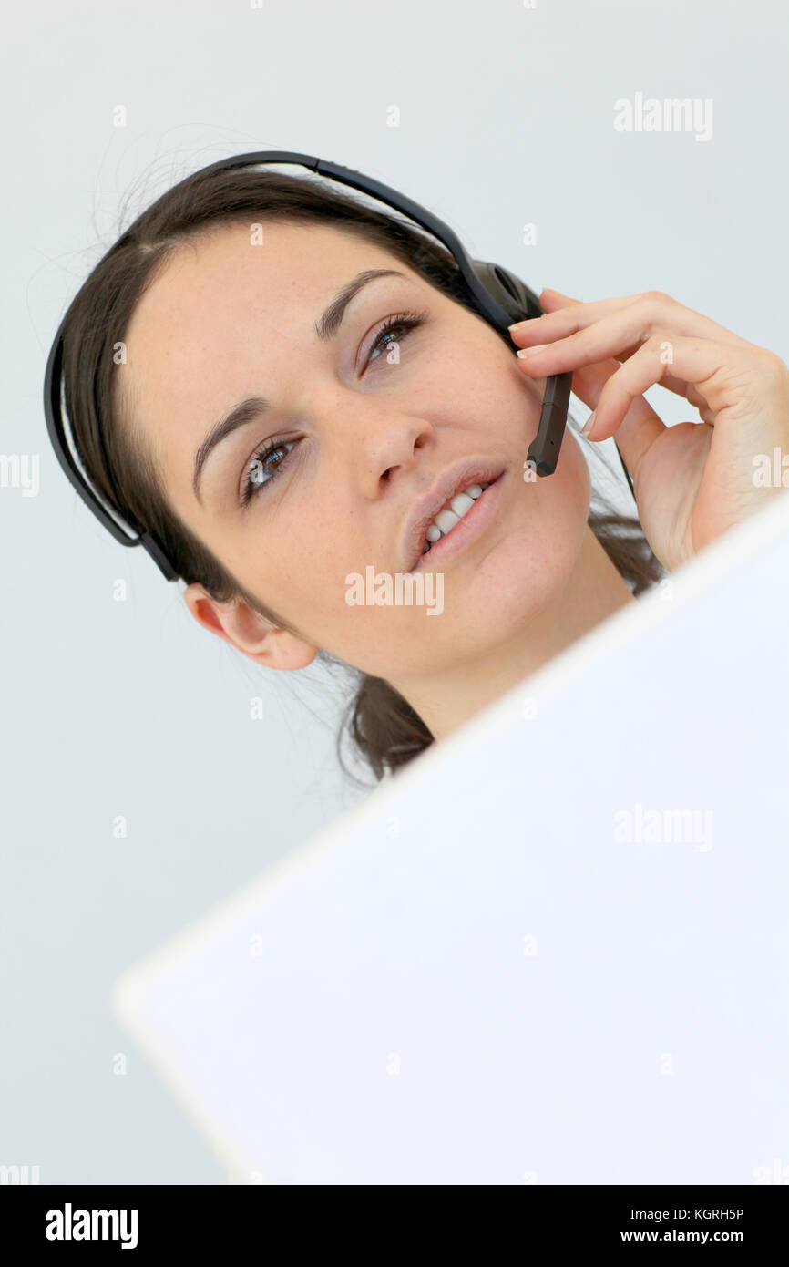 Customer service woman on white background Stock Photo - Alamy