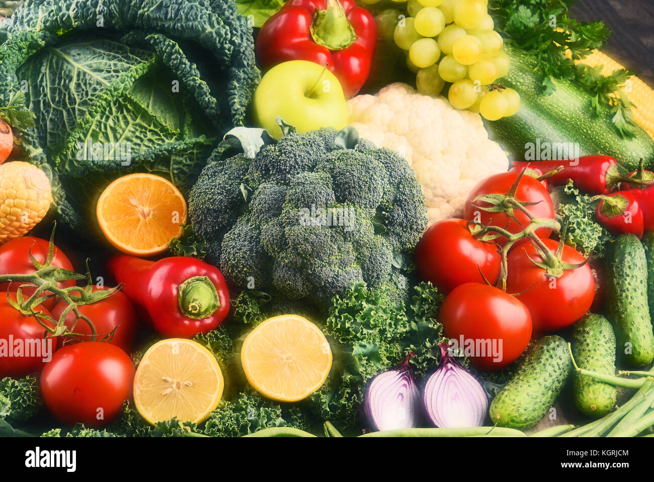 Composition with variety of raw organic vegetables and fruits. Balanced ...