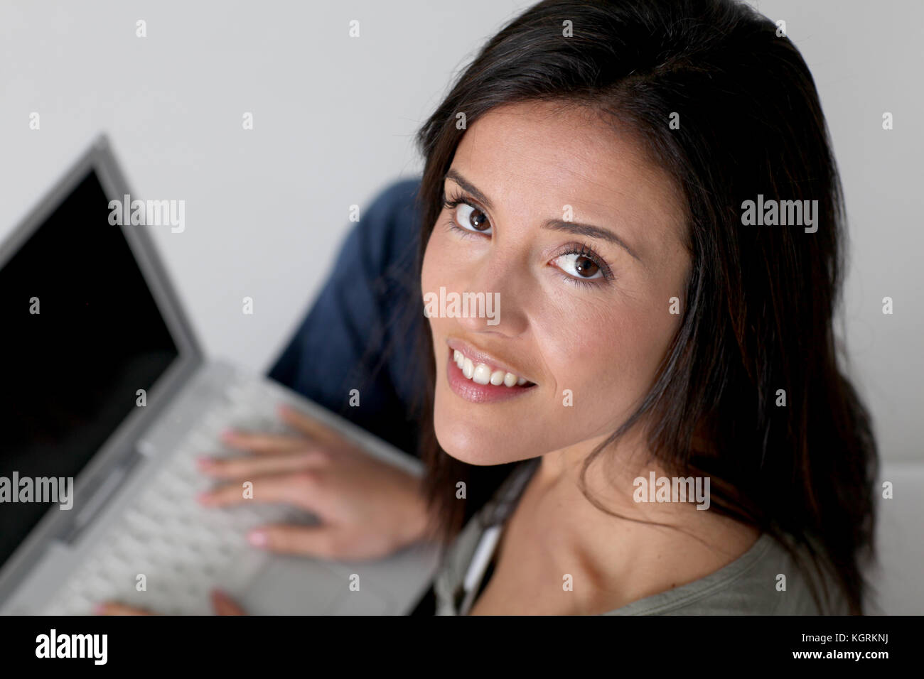 Upper view of woman using laptop computer Stock Photo - Alamy