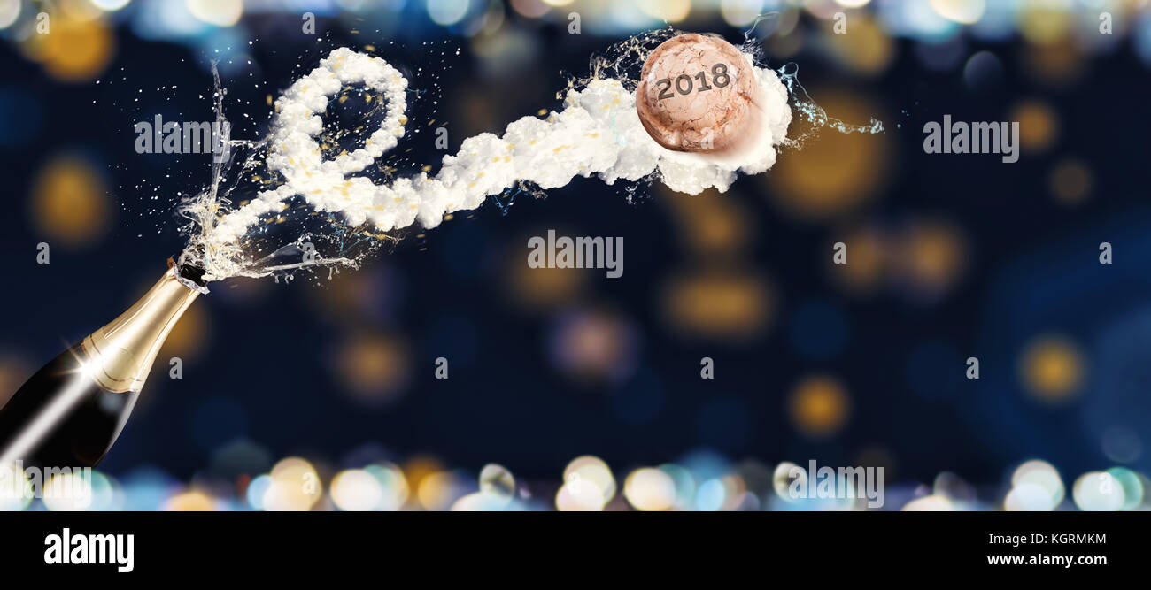 New Year's Eve 2018 bottle with flying cork Stock Photo - Alamy