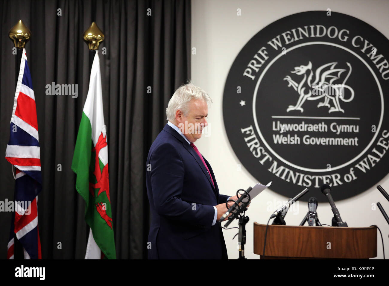 Pictured: First Minister for Wales, Carwyn Jones speaks to the media ...
