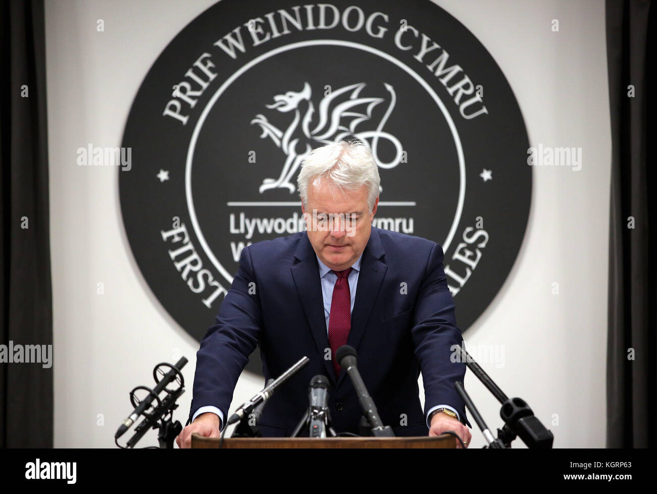 Pictured: First Minister for Wales, Carwyn Jones speaks to the media ...