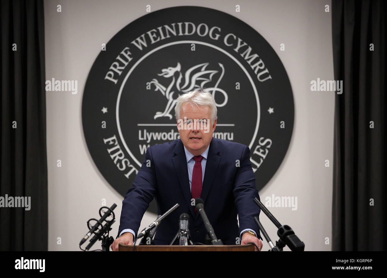 Pictured: First Minister for Wales, Carwyn Jones speaks to the media ...