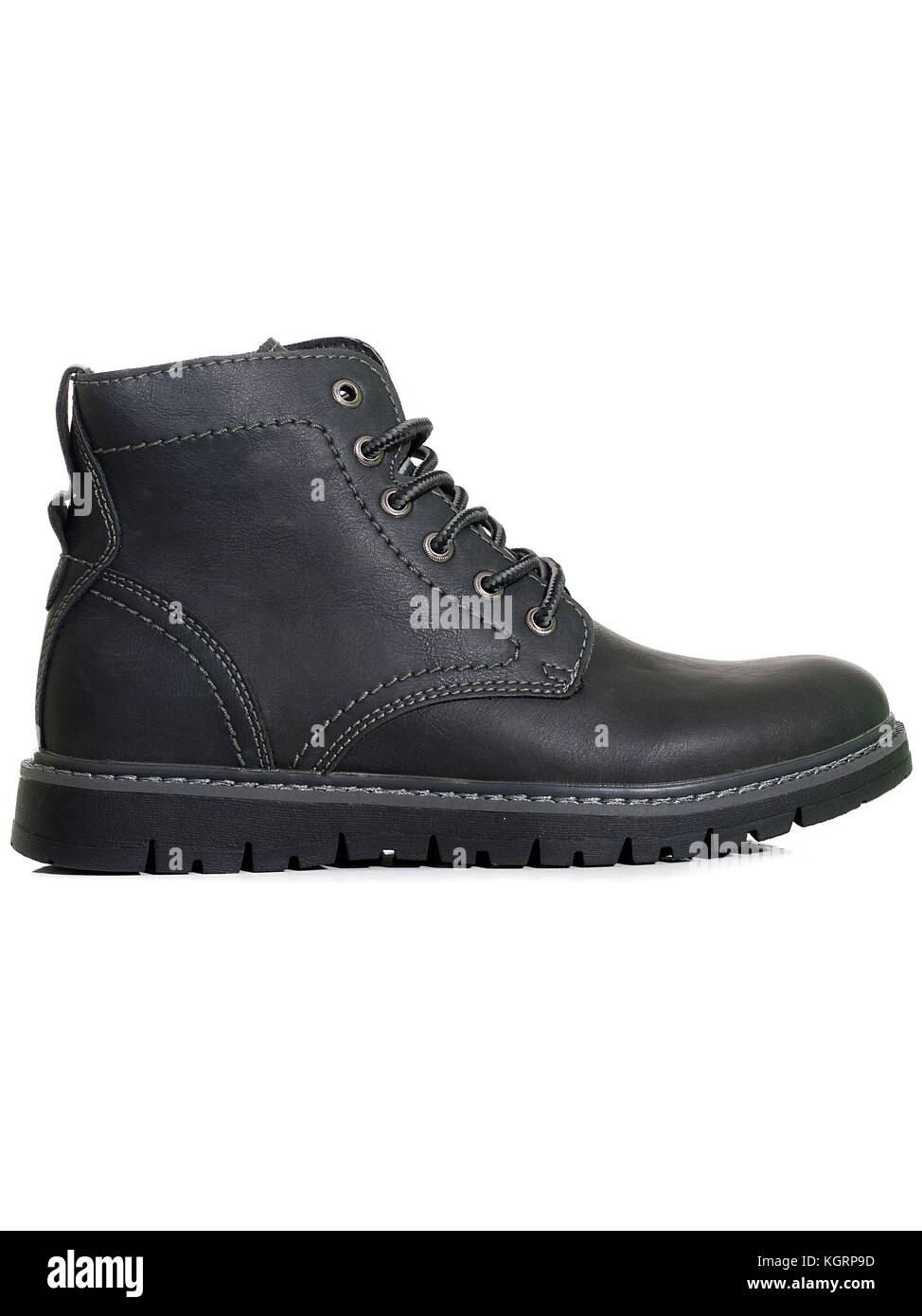 Black leather men's winter boots isolated on white background Stock ...