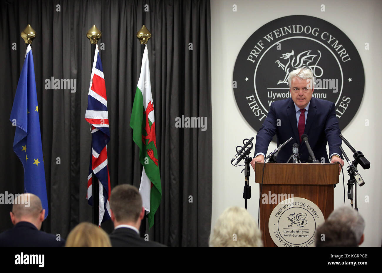 Pictured: First Minister for Wales, Carwyn Jones speaks to the media ...