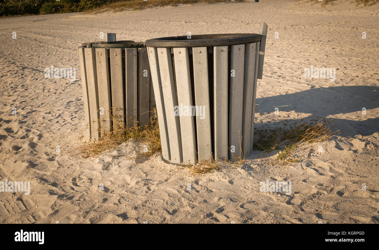 Plastic trash cans on a beach in Florida Stock Photo - Alamy
