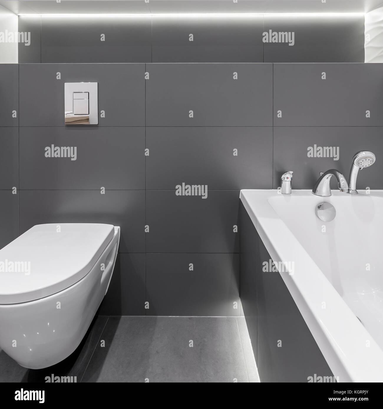 Bathtub and toilet seat in modern graphite bathroom Stock Photo - Alamy