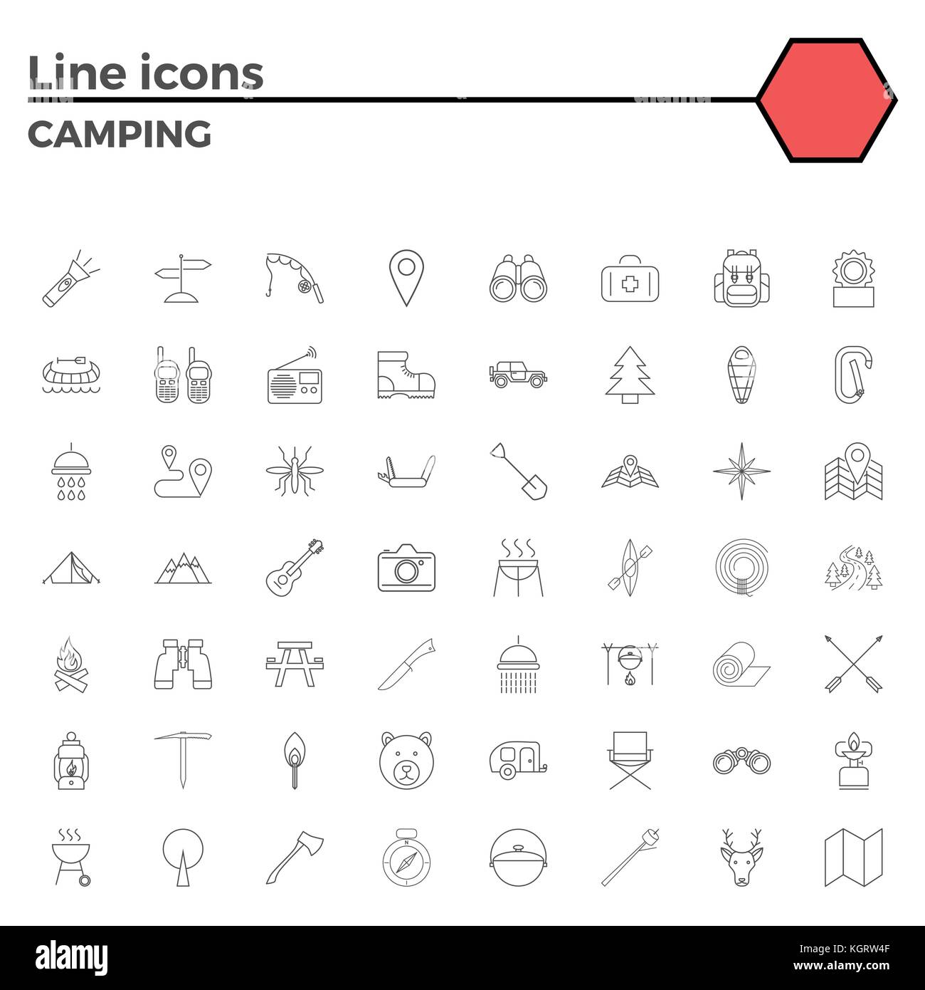 Camping Thin Line Related Icons Set on White Background. Simple Mono ...