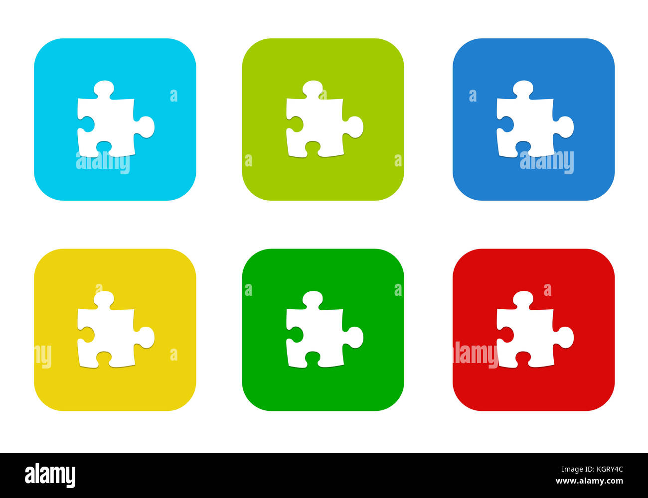 Set of rounded square colorful flat icons with puzzle symbol in blue ...