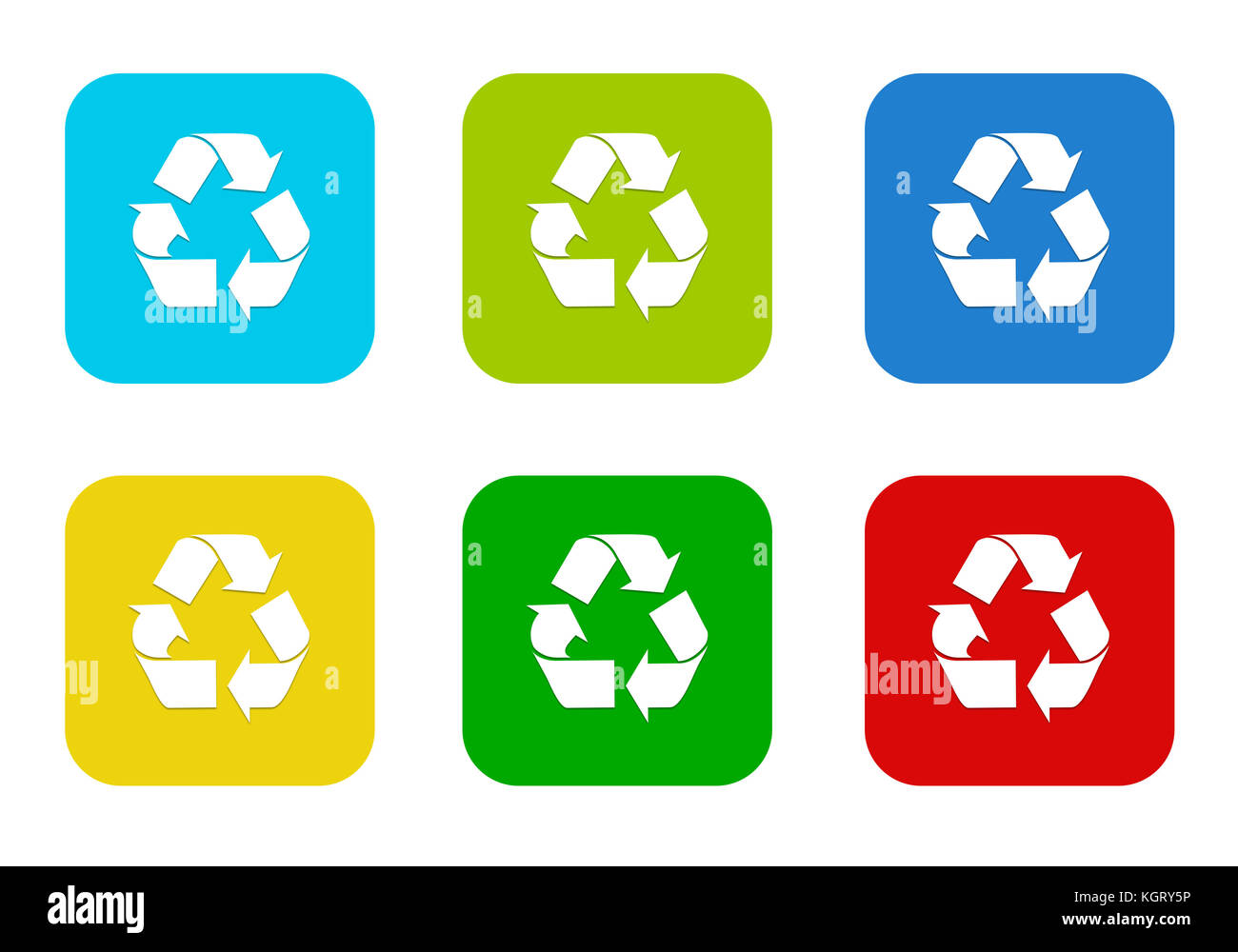Set of rounded square colorful flat icons with recycle symbol in blue ...
