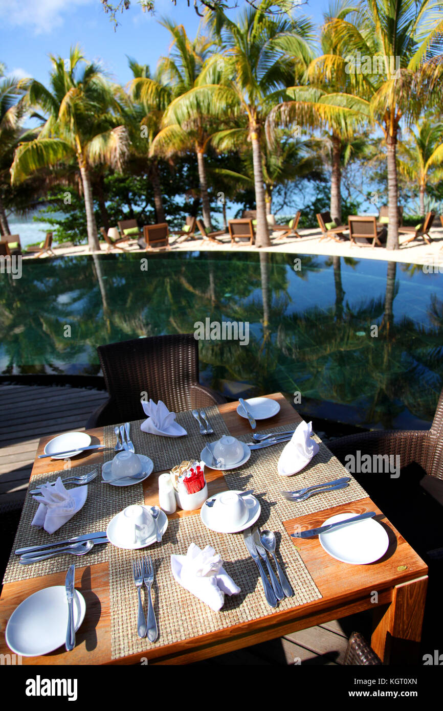 View of luxury resort restaurant tables Stock Photo - Alamy