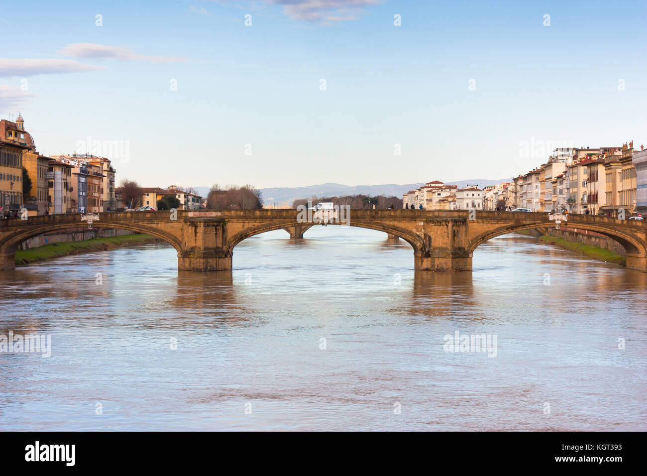FLORENCE, ITALY - FEBRUARY 07, 2017:. River Arno and famous bridge ...