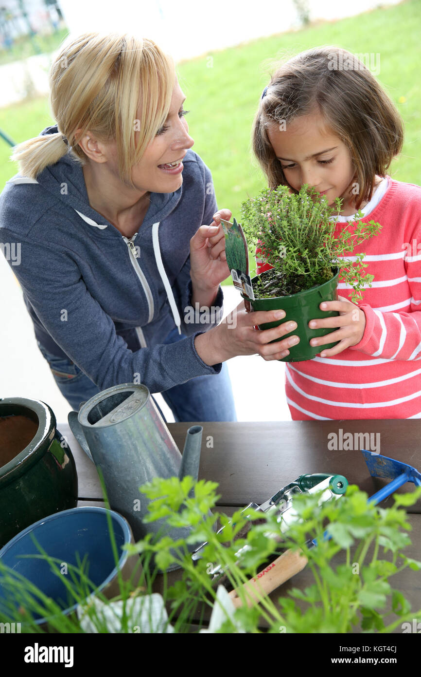 Mother and daughter in garden planting aromatic flowers Stock Photo - Alamy