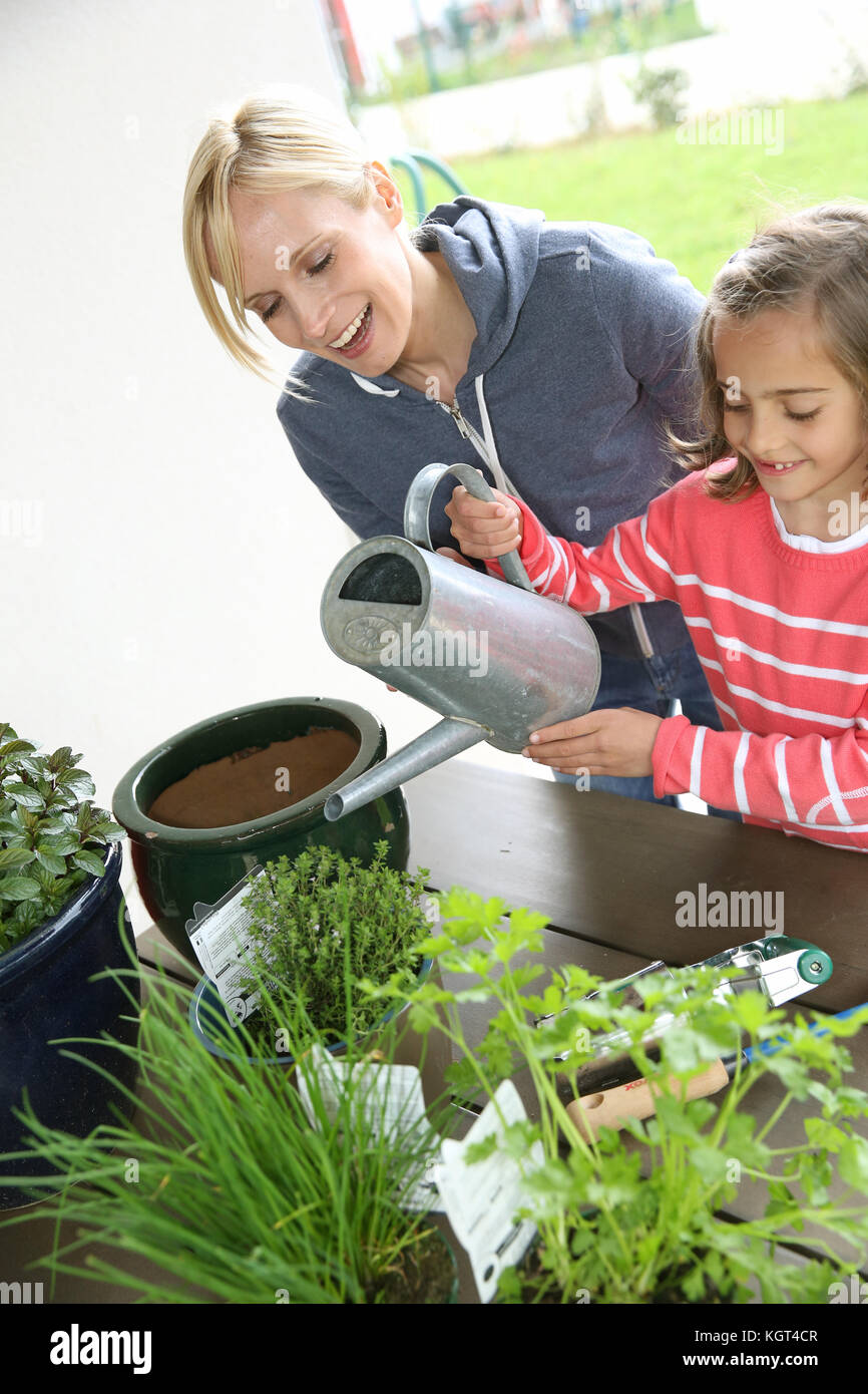 Mother and daughter in garden planting aromatic flowers Stock Photo - Alamy