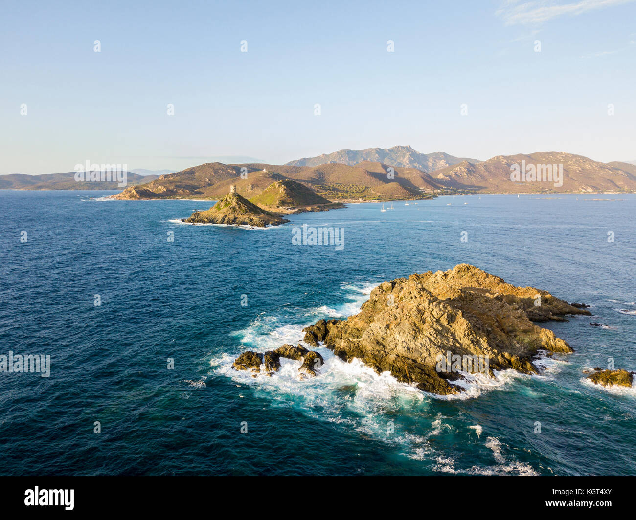 Aerial view of the Bloods Islands and the Parata Tower, the Genoese ...