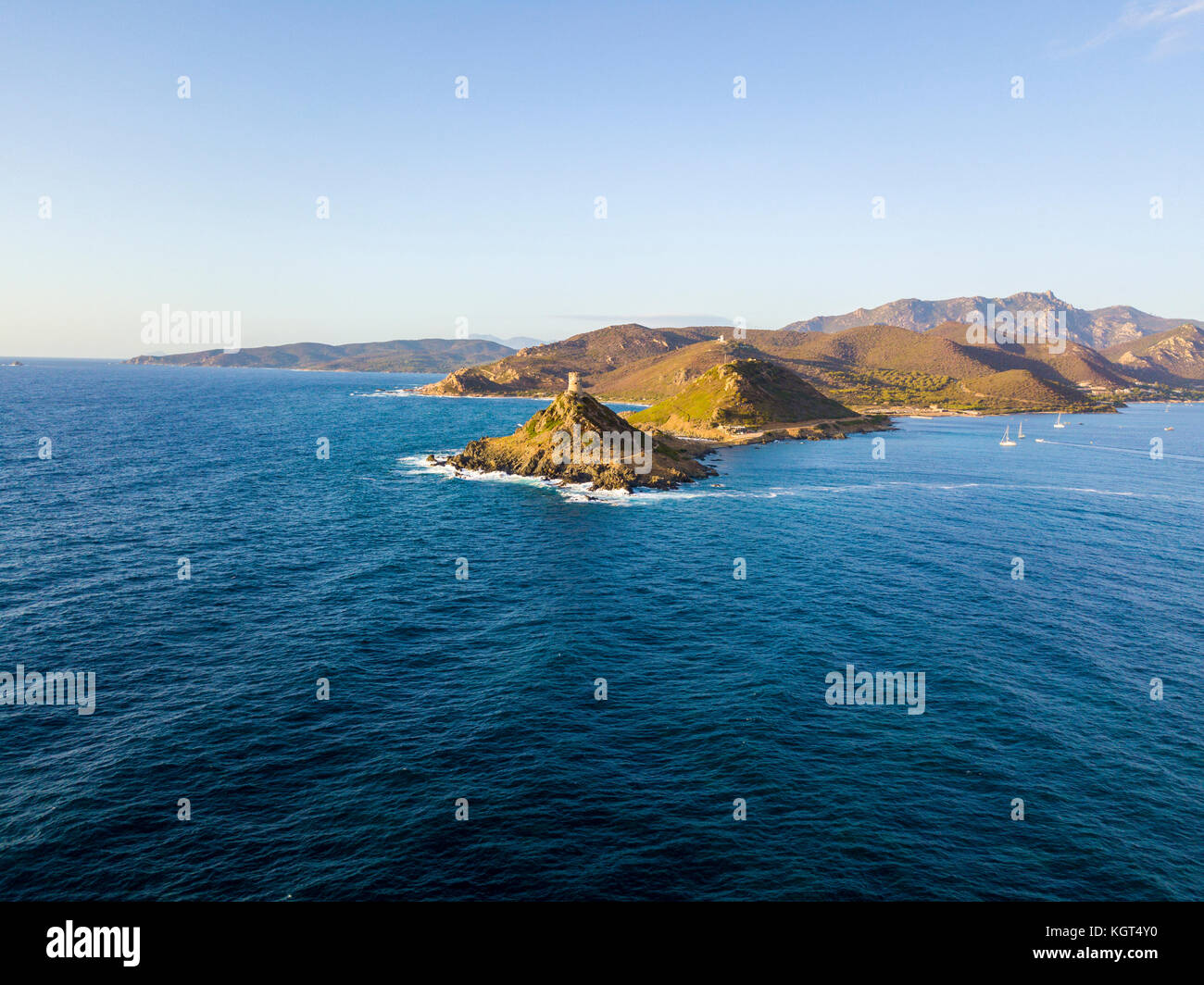Aerial view of the Parata Tower from the sea, Genoese tower built in ...