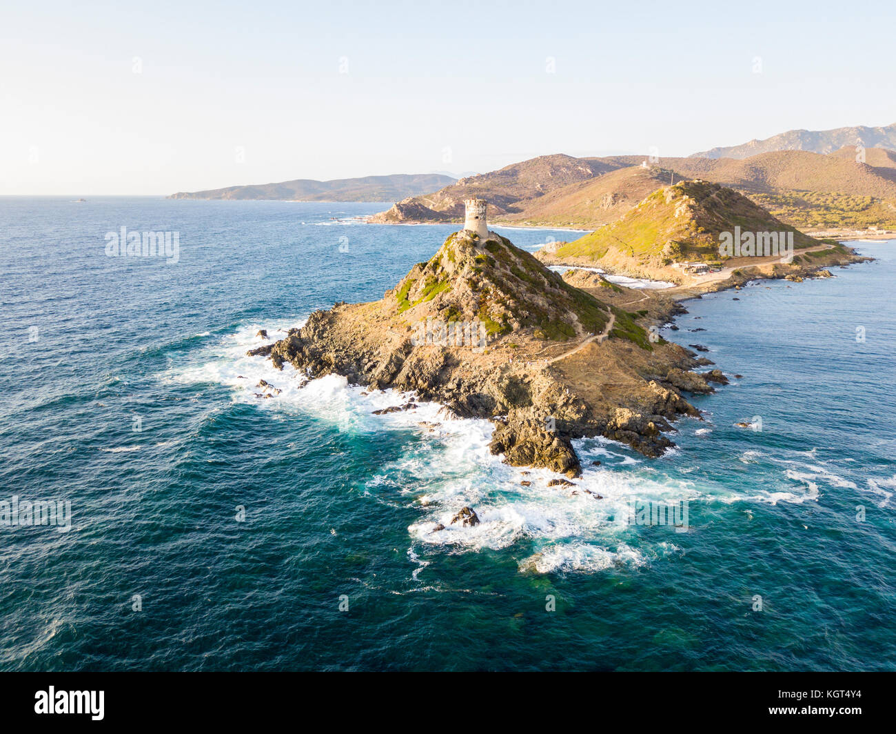 Aerial view of the Parata Tower from the sea, Genoese tower built in ...