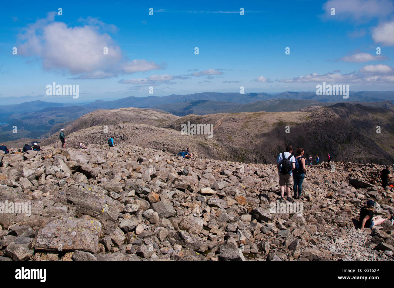 Hikers on the summit of Scafell Pike in the Lake District National Park ...