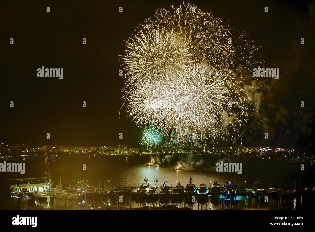Europe, France, Alpes-Maritimes, Cannes. Firework in bay of Cannes ...