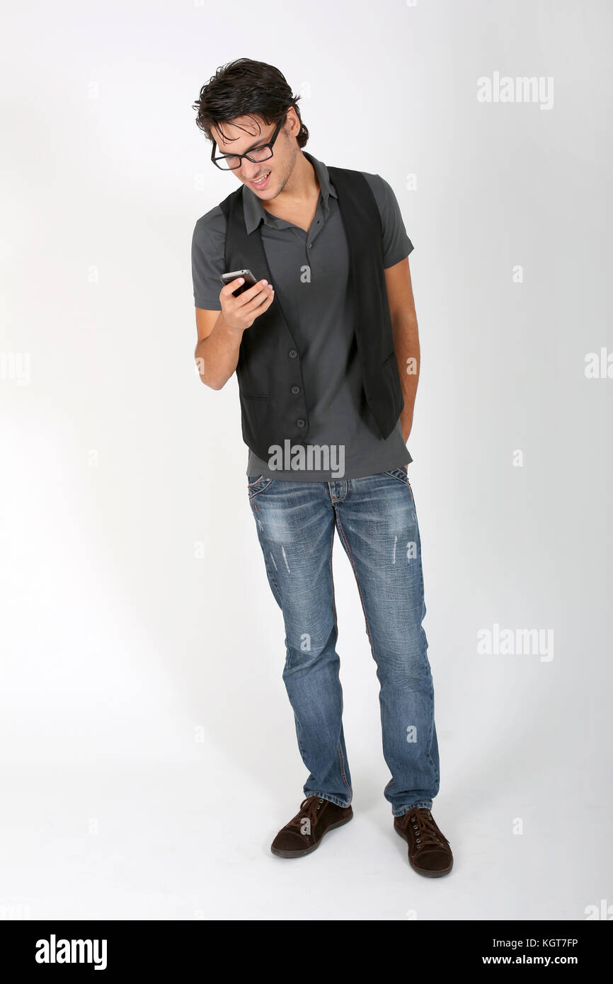 Cool guy on white background with smartphone Stock Photo - Alamy