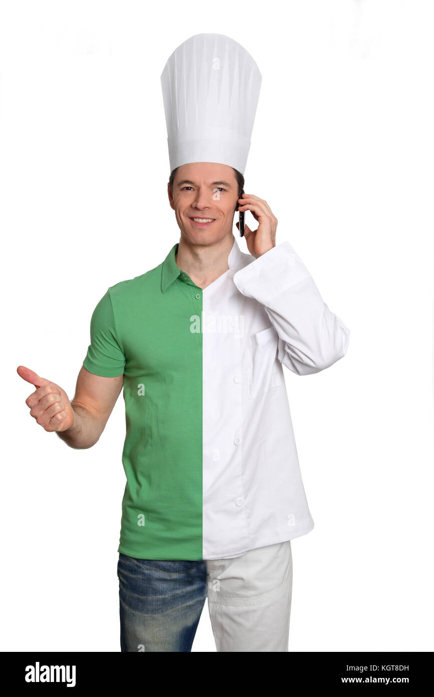 Chef talking on the phone to client for booking Stock Photo - Alamy