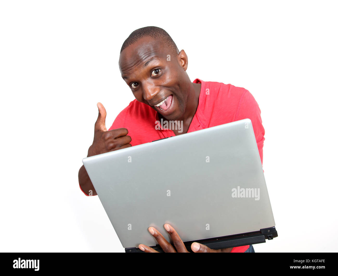 Cheerful man with laptop on white background Stock Photo - Alamy