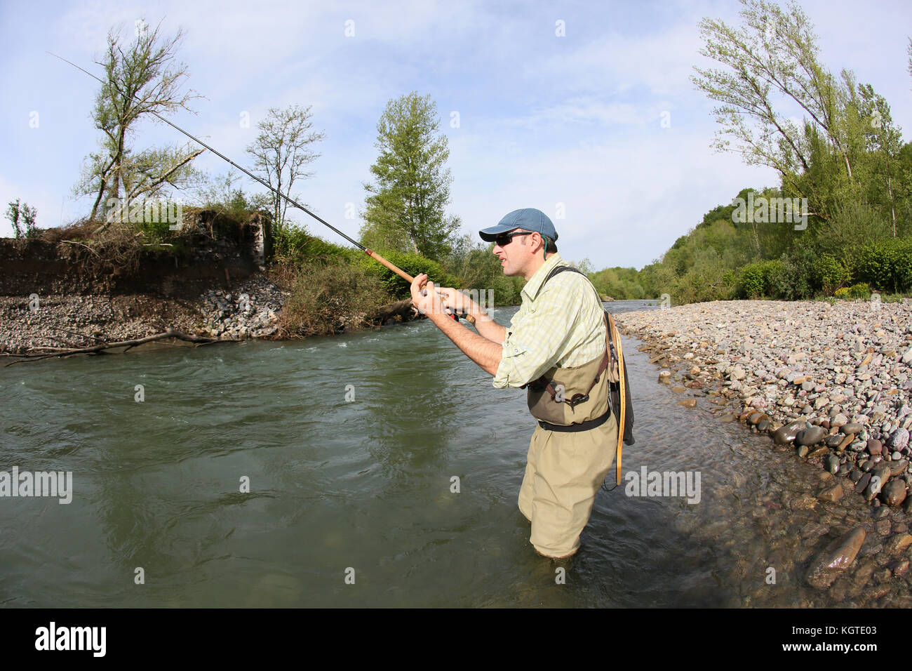 Fisherman with fishing line in river Stock Photo - Alamy