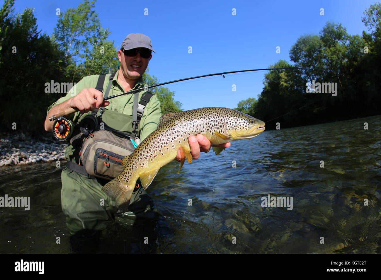 Fisherman holding recently caught brown truit Stock Photo - Alamy