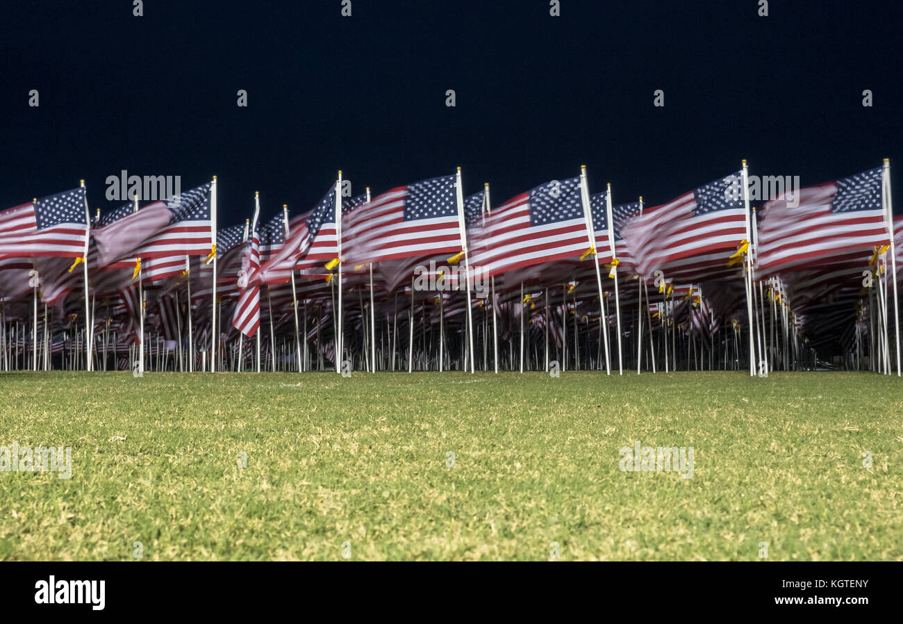 View of Multiple American Flags in a Windy Night Stock Photo - Alamy