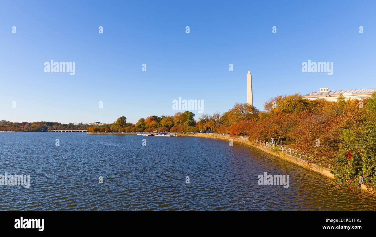 National Monument and panorama around Tidal Basin in autumn. A scenic ...