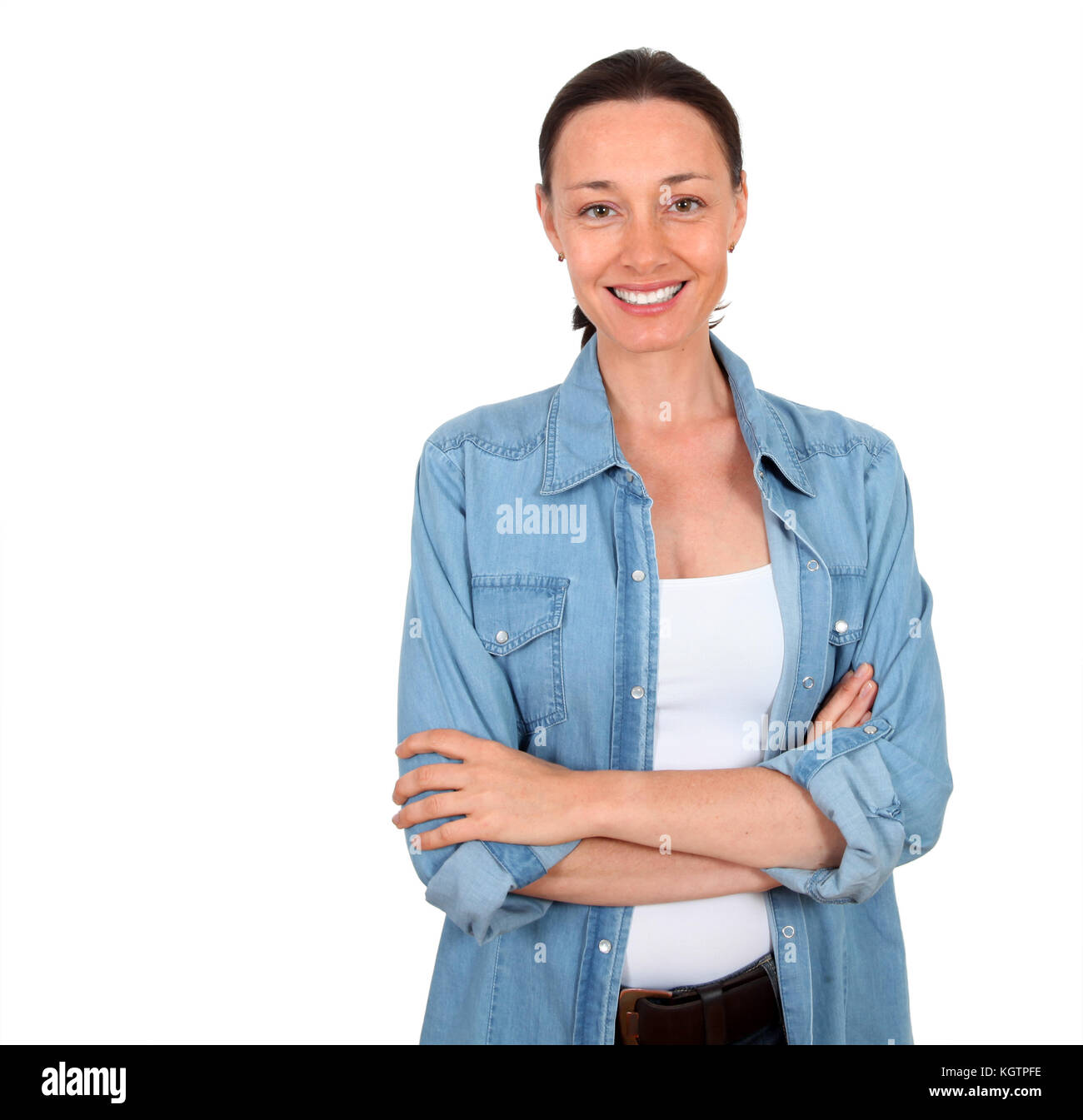 Portrait of smiling woman on white background Stock Photo - Alamy