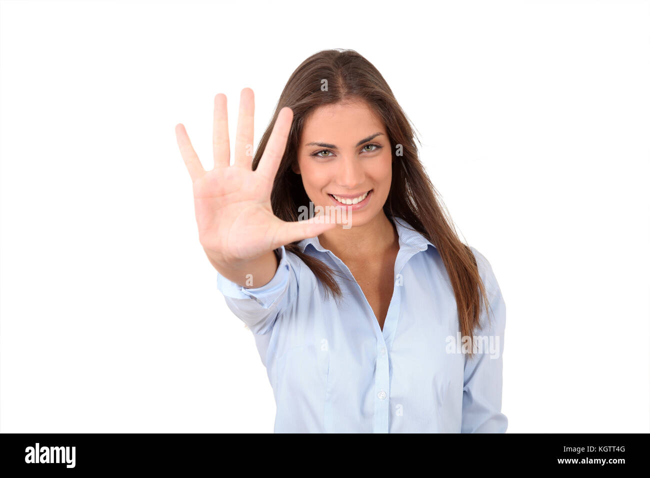 Portrait of girl showing hand to camera Stock Photo - Alamy