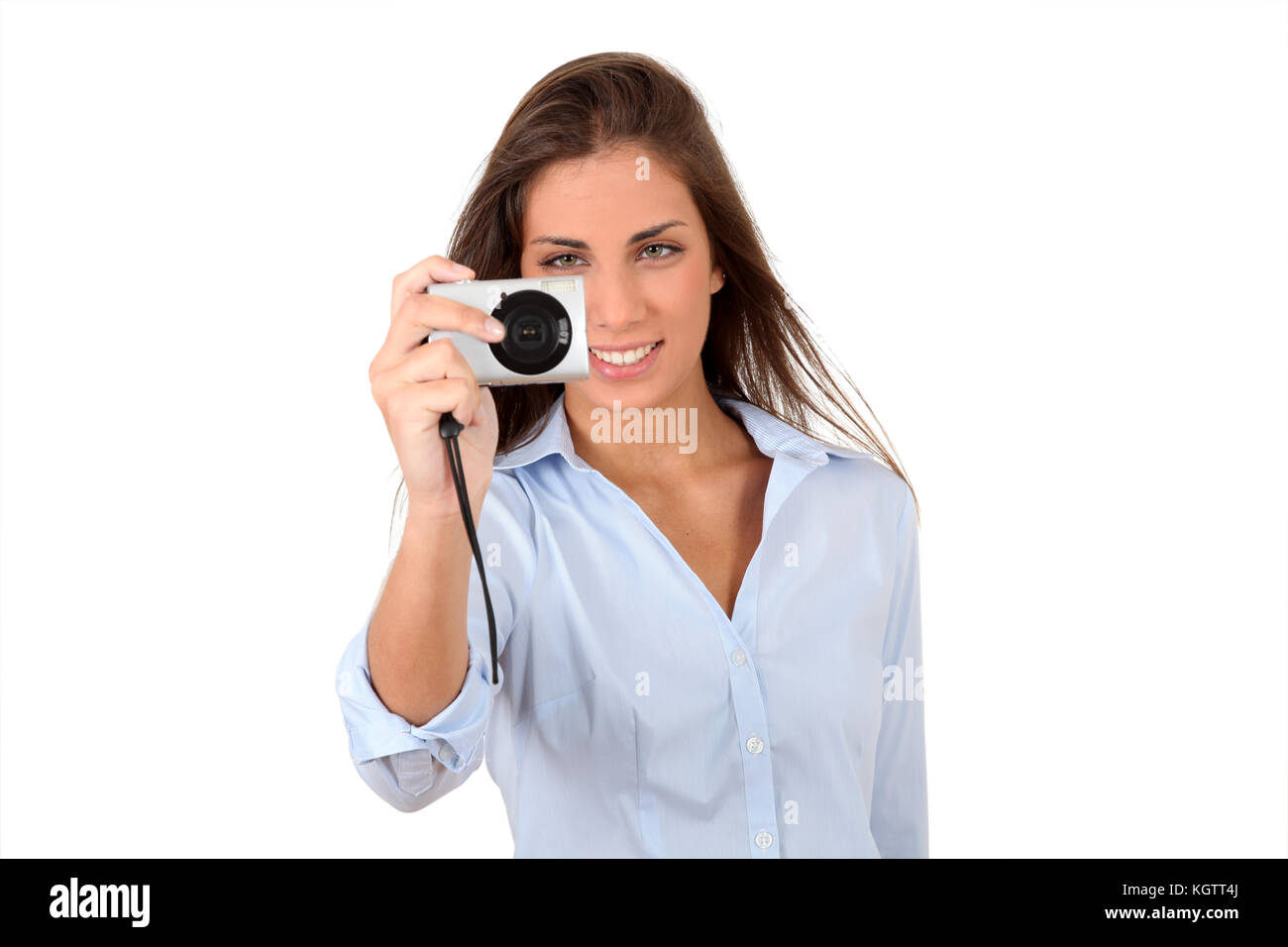 Portrait of beautiful woman using compact digital camera Stock Photo ...