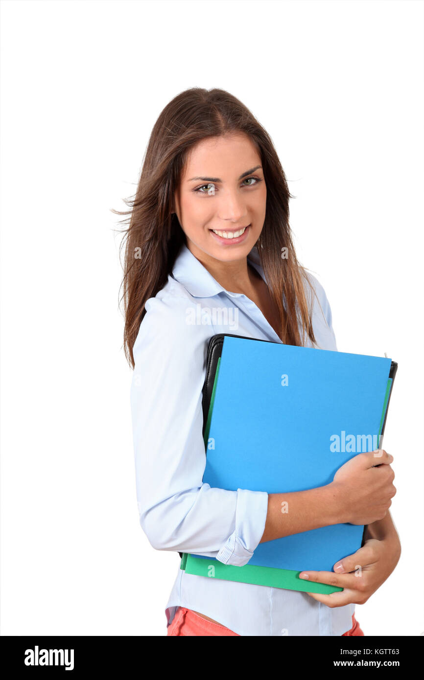 Beautiful college student holding folders Stock Photo - Alamy