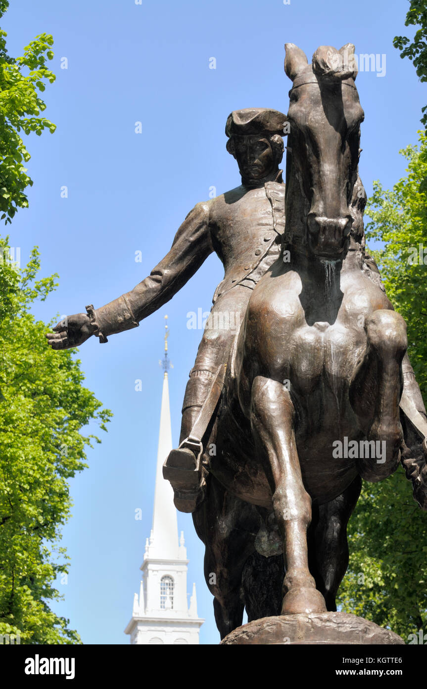 Paul Revere Statue And Old North Church In Boston Massachusetts Stock